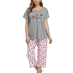 ENJOYNIGHT Womens Pajama Sets Cotton Pj Set Short Sleeve Top With Capri Pants Sleepwear 2 Piece Lounge Set(Large,Grey-Ladybug)