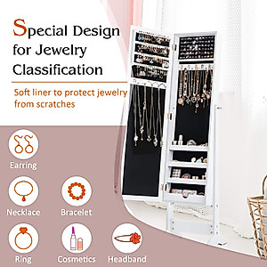 Giantex Jewelry Cabinet with Full-Length Mirror, Standing Jewelry Armoire Organizer with 64 Earring Slots, 72 Ring Slots, 20 Necklace Hooks, 4 Storage Shelves, 3 Angle Adjustable (White)