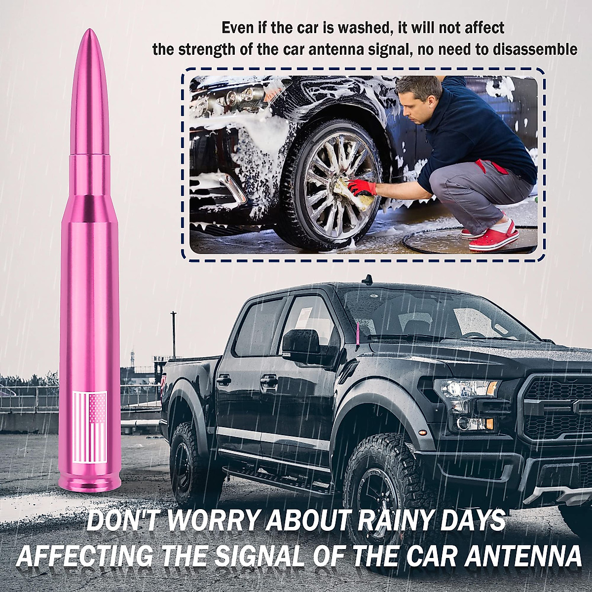Upgrade American Flag Car Bullet Antenna,Truck Exterior Accessories Antenna Toppers Compatible with GMC,Chevy Silverado,Dodge,Ford,Jeep Antenna Replacement (Premium Pink - U.S. Flag)