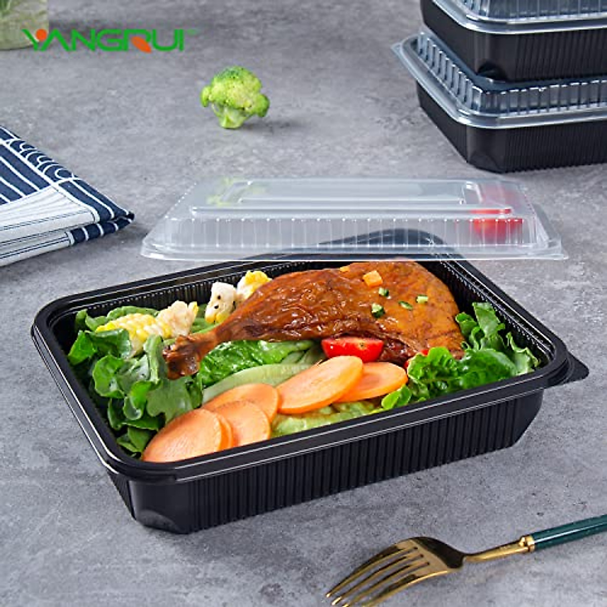 YANGRUI To Go Containers, 40 Pack (40 Trays + 40 Lids) 48oz 1 Compartment BPA Free Reusable Take Out Box Shrink Wrap Machine Washable Meal Prep Container