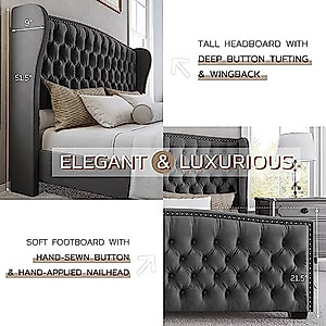 LUXOAK Queen Platform Bed Frame with Wingback Headboard, Velvet Upholstered Bed Frame with Handmade Button Tufted & Nailhead, Wooden Slats Support, Grey