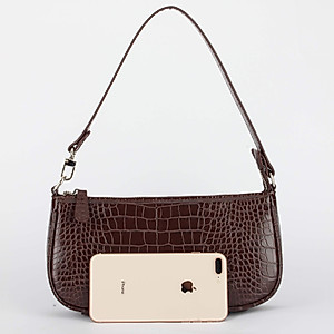 Small Handbag for Women Crocodile Effect Bag Retro Faux Leather Classic Clutch Shoulder Purse (Brown)