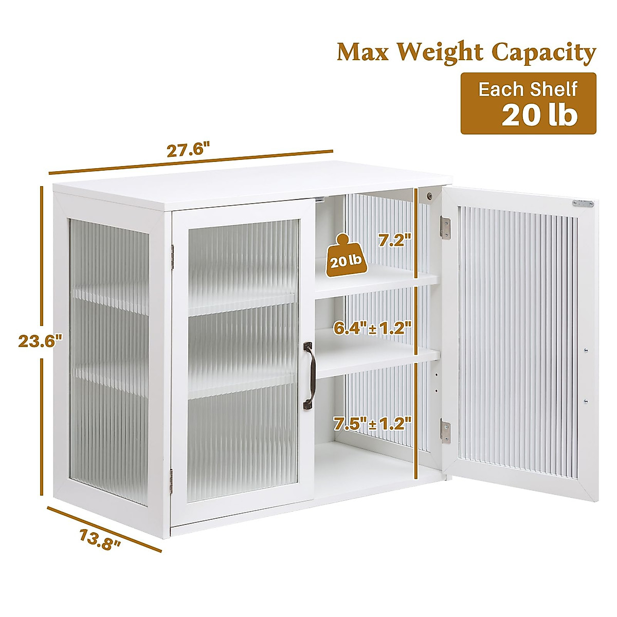 HollyHOME Storage Cabinets with 2 Transparent Rainbow Glass Doors, Wall Medicine Cabinet for Kitchen,Office,Laundry Room, Bathroom,Dining Room,Living Room Space Storage Adjustable Shelf White