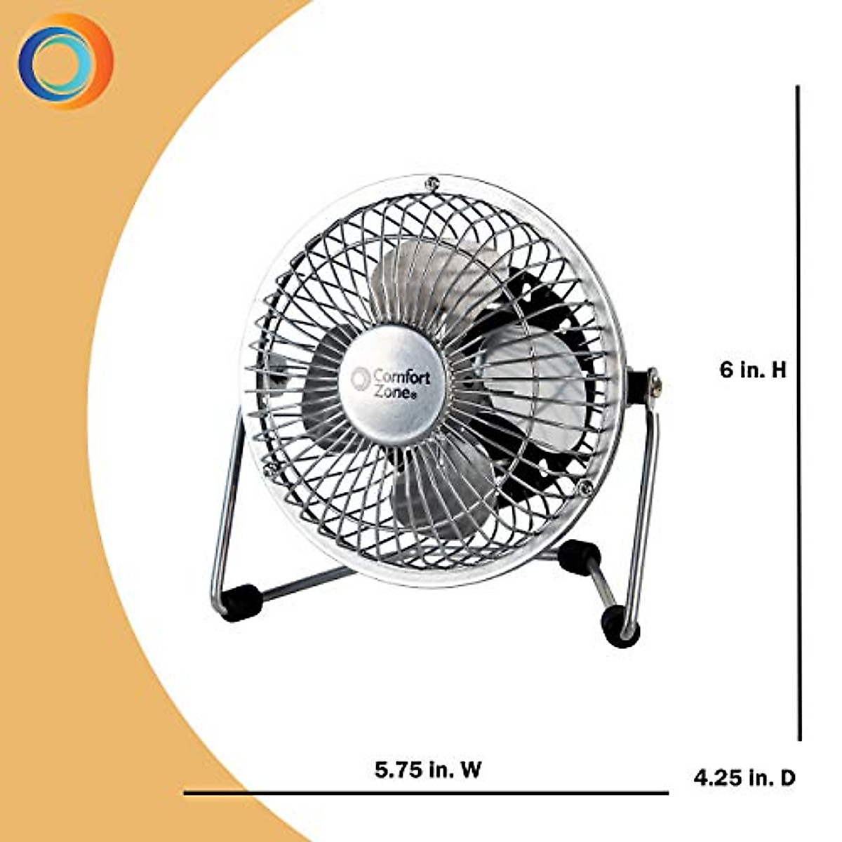 Comfort Zone Mini Portable Desk Fan with 360-Degree Adjustable Tilt, Dual Powered (USB or Power Cord), 4 inch, All-Metal Construction, Airflow 3.31 ft/sec, Ideal for Home, Bedroom & Office, CZHV4S