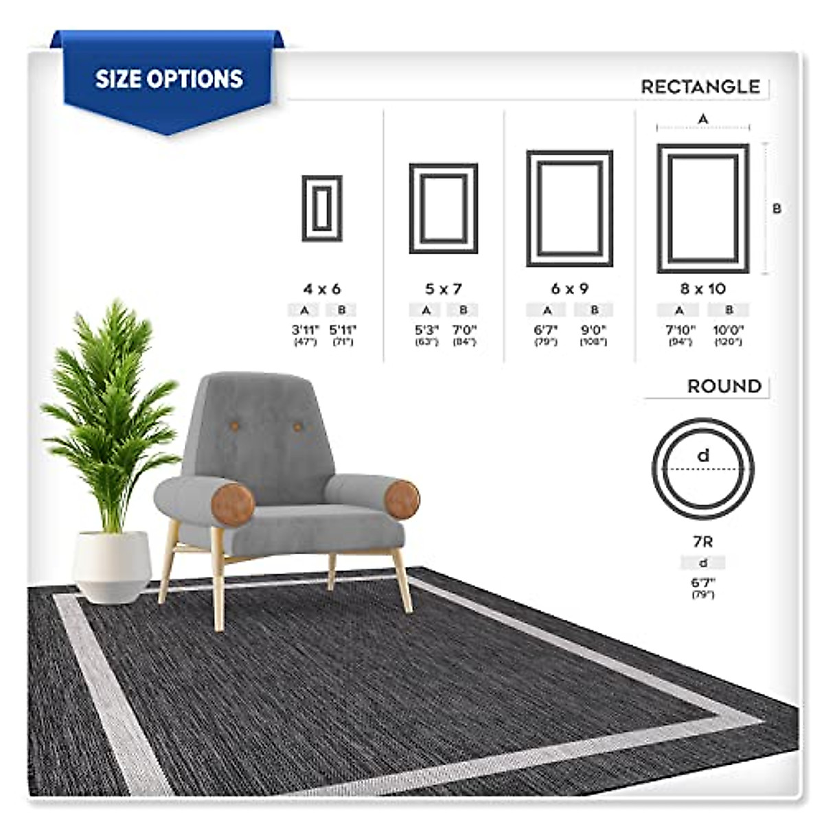 Beverly Rug Waikiki Indoor Outdoor Rug 6x9, Washable Outside Carpet for Patio, Deck, Porch, Bordered Modern Area Rug, Water Resistant, Dark Grey - Light Grey