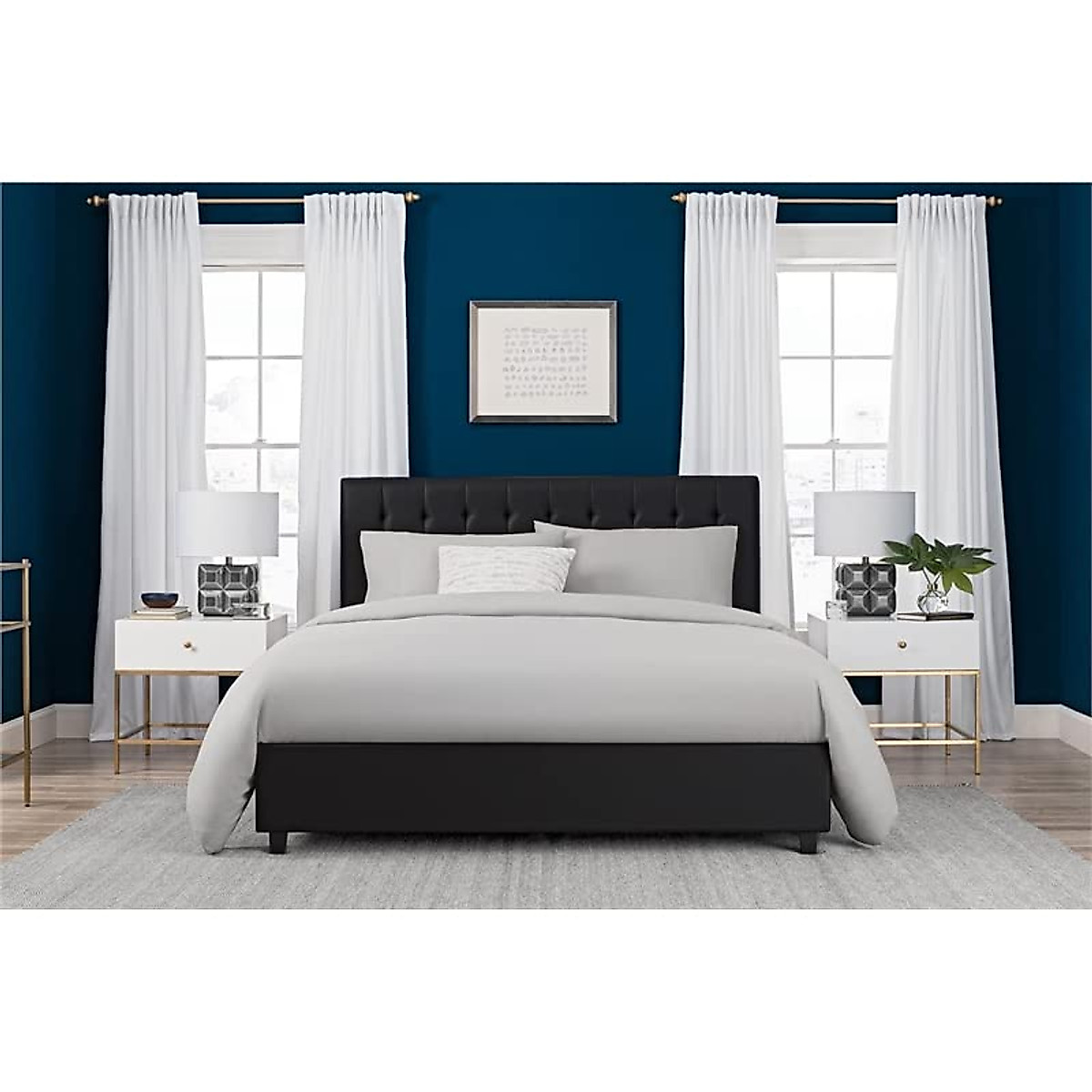 DHP Emily Upholstered Platform Bed with Modern Vertical Tufted Headboard, No Box Spring Needed, Queen, Black Faux Leather