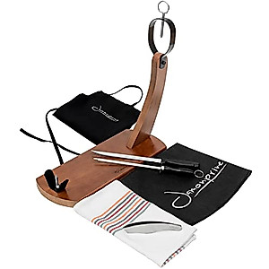 Professional Ham Stand Lacquered with Ham Knife + Sharpening Steel + Ham Cover + Kitchen Cloth + Apron + Tongs - Ham Holder Ideal for Serrano Ham, Iberico Ham and Italian Prosciutto - Jamonprive