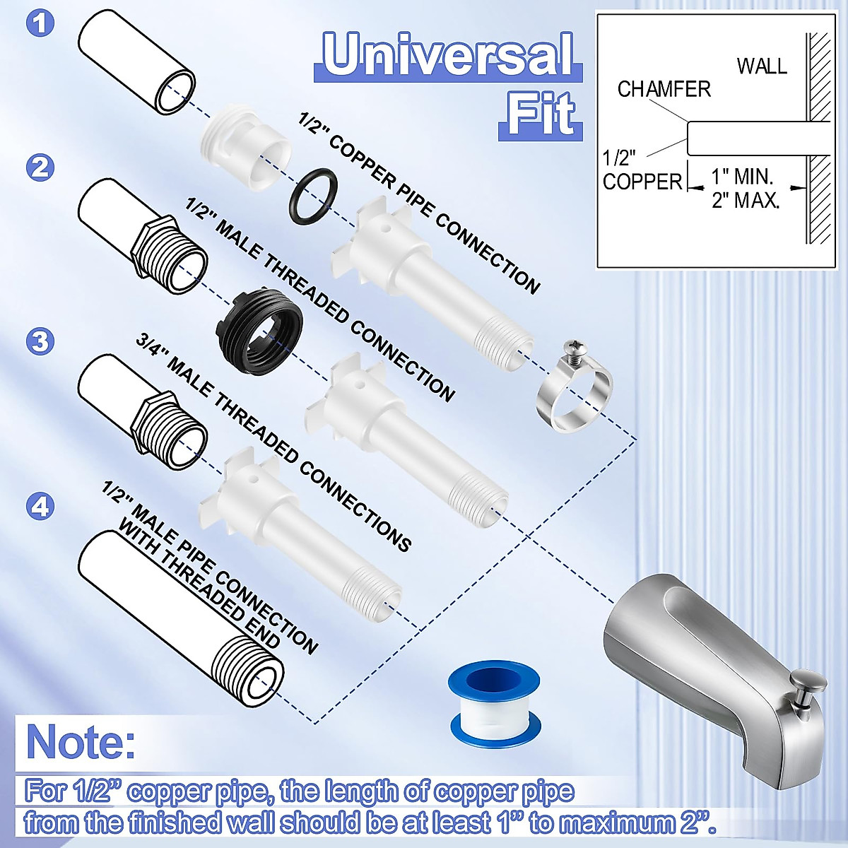 Enhon Tub Spout with Diverter, Universal Fits 1/2'' Copper Pipe, 1/2'' IPS and 3/4'' IPS, Bathroom Bathtub Tub Faucet Replacement with Adapters (Brushed Nickel)