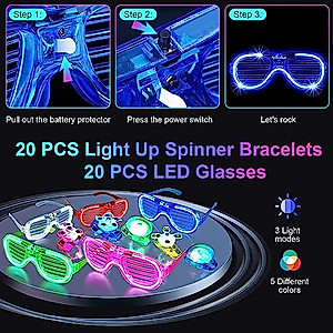 SHQDD140PCS Led Light Up Toys Party Supplies, 20 Flashing Glasses, 20 LED Fidget Spinner Bracelets, 100 Glow Sticks In Dark Party Supplies for Kids Adult, Light Up Party Favors for Birthday Cosplay