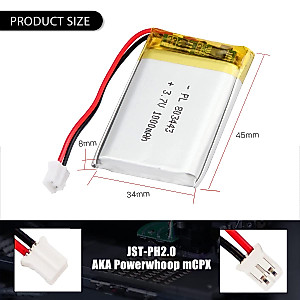AKZYTUE 3.7V 1000mAh 803443 Lipo Battery Rechargeable Lithium Polymer ion Battery Pack with JST Connector
