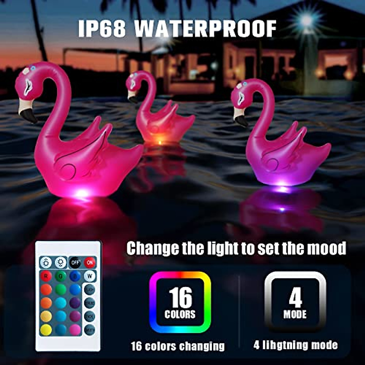 Floating Pool Thermometer with 19" Solar Pool Lights Pond Water Thermometer with RGB Led Lights Color Changing Swimming Pool Thermometer Water Temperature Thermometers for Hot Tub Inflatable Flamingo