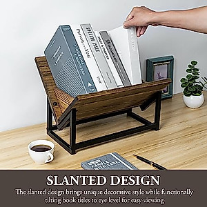 MyGift Rustic Burnt Solid Wood and Industrial Matte Black Metal Tilted Book Display Rack Shelf, Desktop Storage Organizer Bookshelf, Decorative Standing Bookcase