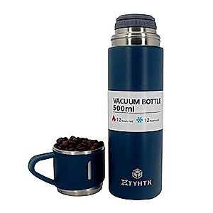 XTYHTX Thermos Bottle Coffee Cup,Vacuum-Insulated Beverage Bottle with Handle,Stainless Steel Thermo Leak-Proof for Coffee, Tea, Water, Hot or Cold, 17oz (Blue)