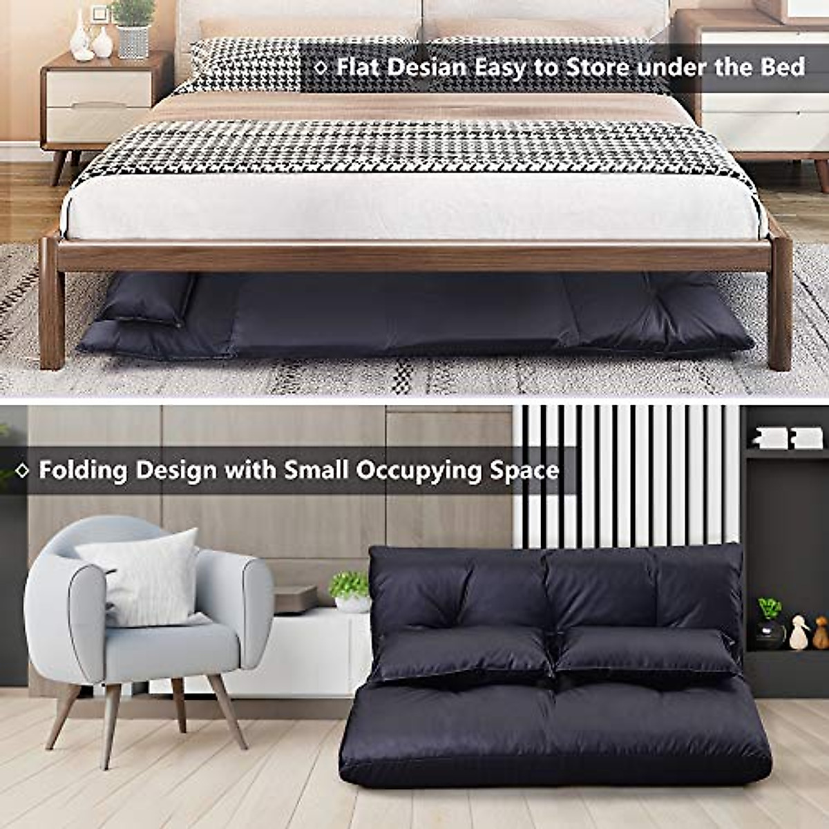Floor Lazy Sofa Bed, 5-Position Folding Futon Sofa for Adults, Indoor Lounge Chair with 2 Pillows for Meditation Dorm Living Room (Black+PU)