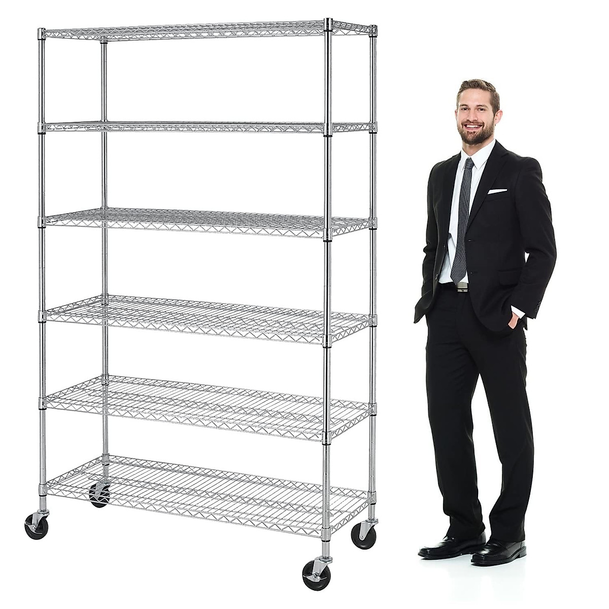 YYkokocat Heavy Duty 6 Tier Shelving Unit Adjustable 6000Lbs Capacity Steel Storage Rack 18" x 48 x 76 Mobile Shelves Wire Shelf Silver Rolling Utility Cart for Pantry Garage Kitchen, Chrome