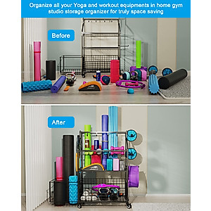 Haydyson Gym Yoga Mat Rack, With Hooks and Wheels, Fitness Equipment Storage for Dumbbell Rack Kettlebells Foam Roller, Gym Equipment for Home Workout, Garage Organizer (Black)