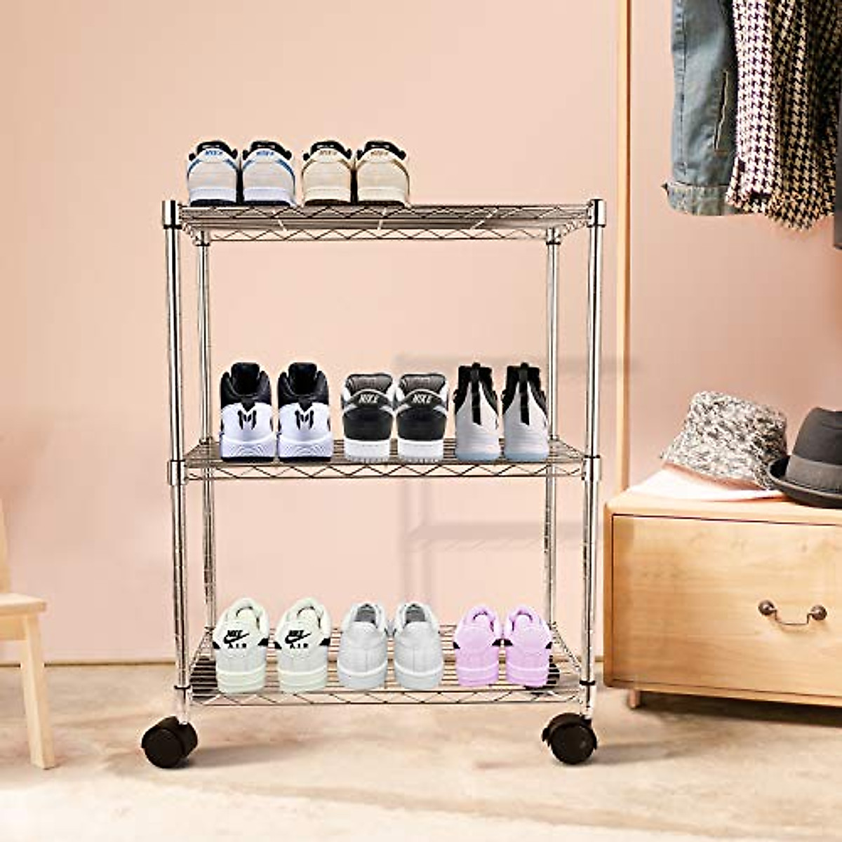 YSSOA Heavy Duty 3-Shelf Shelving with Wheels, Adjustable Storage Units, Steel Organizer Wire Rack, Plug Version, 24.02”L x 13.78“W x 31.89”H, Chrome (HKSHLF23133003CPCLITEV1)