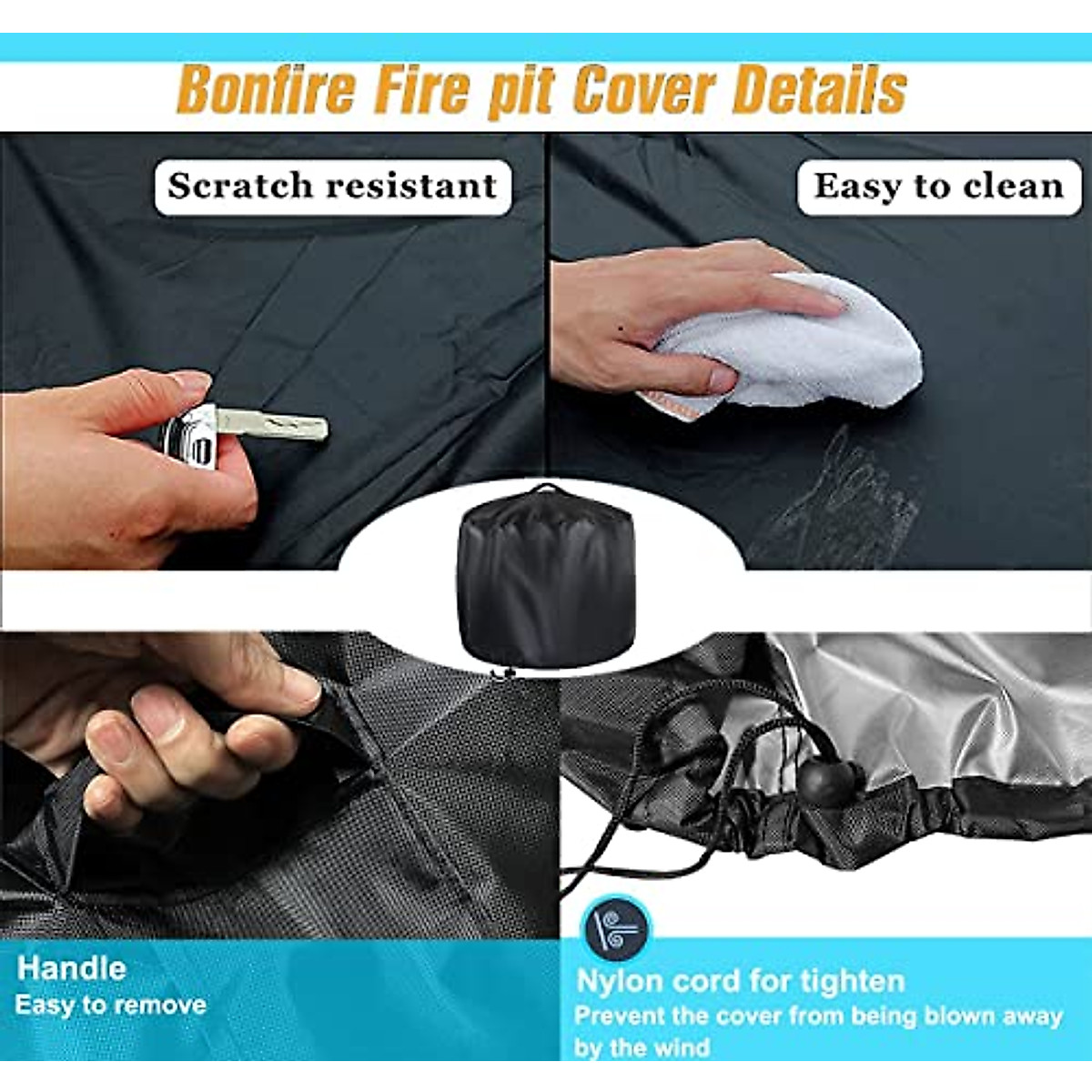 Fire Pit Cover for Stove Bonfire,22" D x 14" H Round Fire Bowl Cover Heavy Duty Waterproof, Outdoor Patio Firepit Table Cover, 420D Suitable for Camping Fire Pit Accessories, Draw Rope Windproof