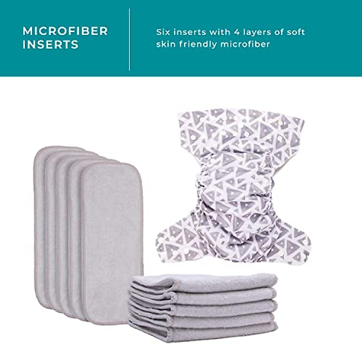 Simple Being Reusable Cloth Diapers, Double Gusset, One Size Adjustable, Washable Soft Absorbent, Waterproof Cover, Eco-Friendly Unisex Baby Girl Boy, six 4-Layers Microfiber Inserts (Geometrics)