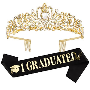 Vovii Graduation Decorations Class of 2024, Glittered Metal Graduation Princess Black Graduate Sash and Gold Grad Tiara Crown Class of 2024 for Graduation Party Decorations Grad Decor Favors