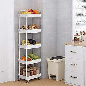 JIUYOTREE 5-Tier Rolling Storage Cart Utility Cart with Lockable Wheels for Living Room Bathroom Kitchen Office White