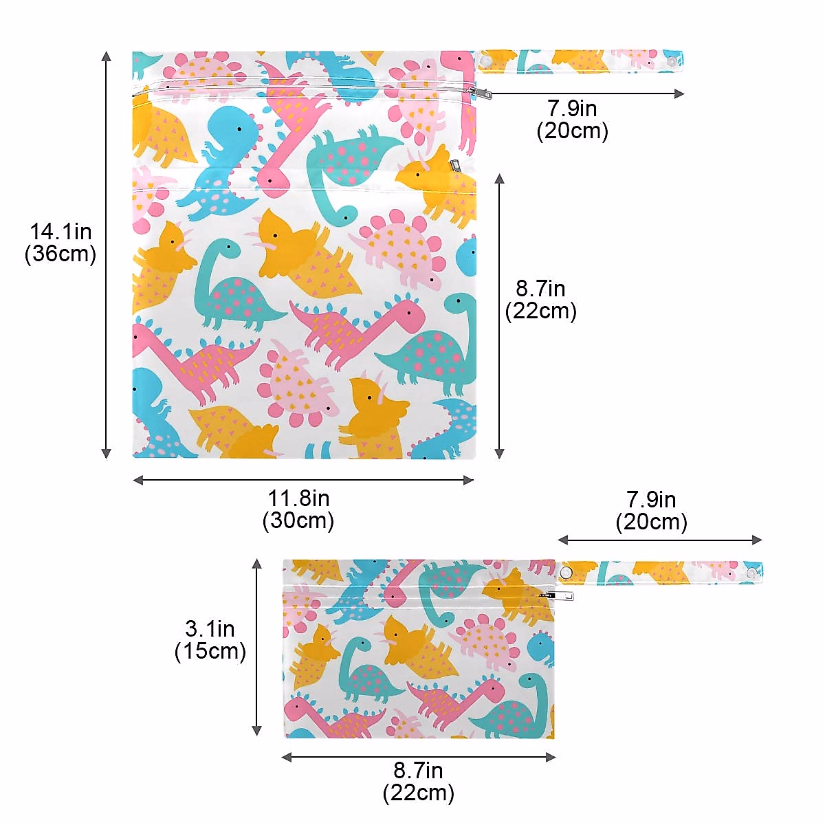 Moudou 2pcs Dinosaur Wet Dry Bag Waterproof Reusable Baby Cloth Diaper Wet Dry Organizer with Two Zippered Pockets for Travel, Beach, Pool, Stroller, Diapers, Dirty Gym Clothes, Wet Swimsuits