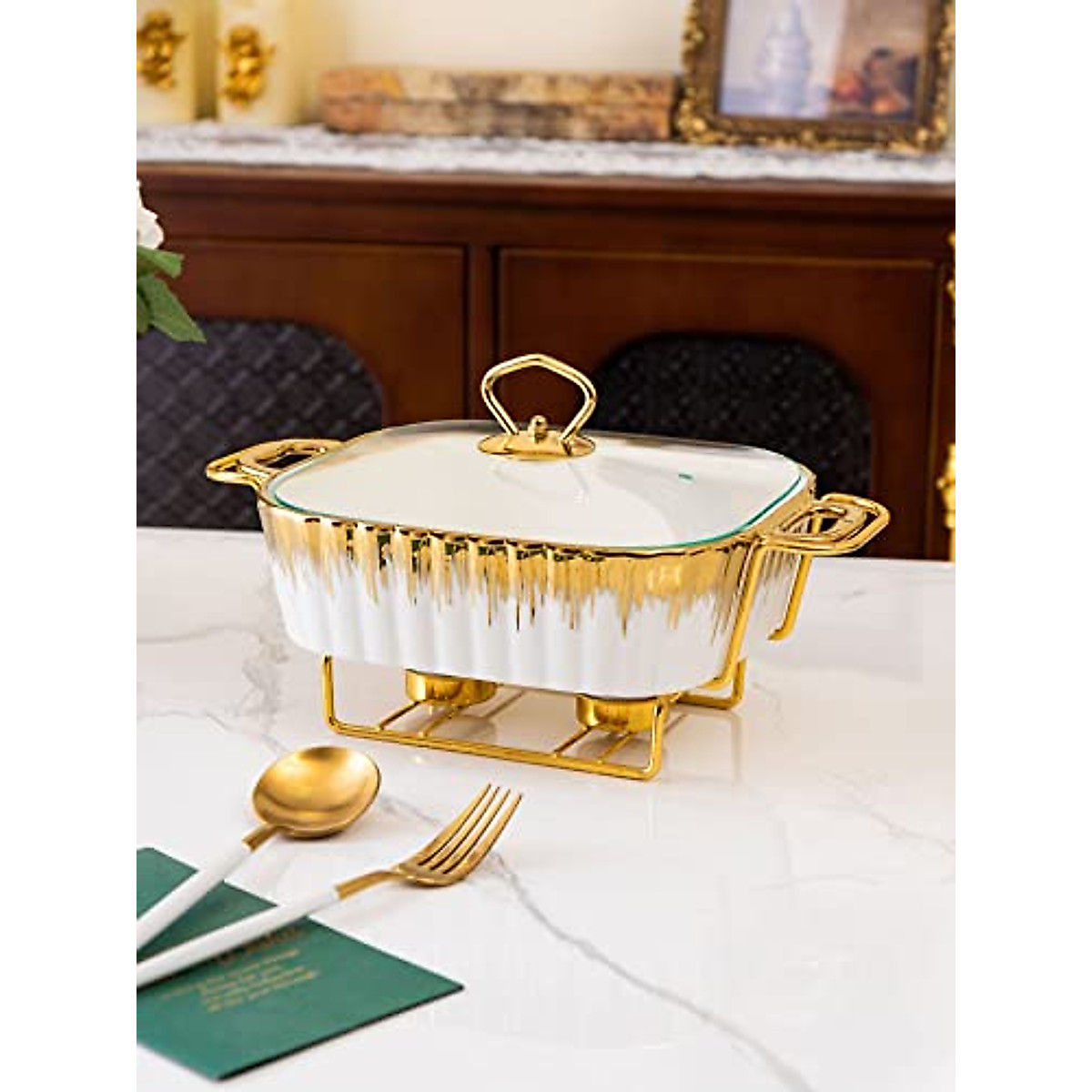 HONHPD 3 Piece Set Chafing Dish Buffet Set, Ceramics Chafer with Imitation Marble Finish, Chafer and Buffet Warmer Set for Buffet Weddings,Parties, Banquets,Catering Events,Golden