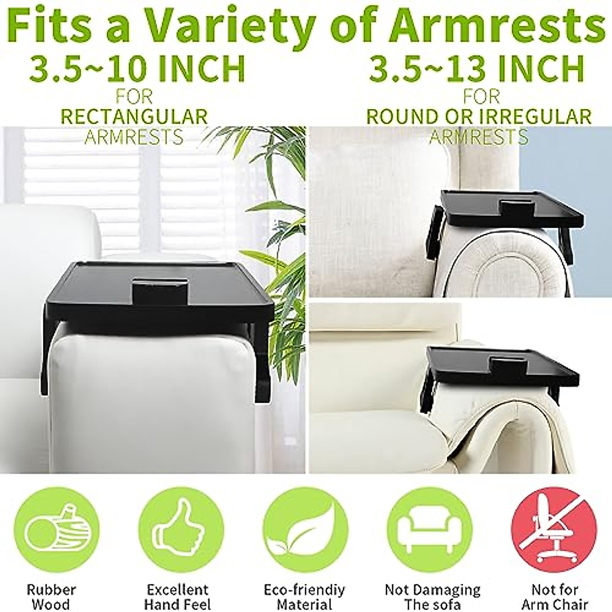 Large Size Couch Arm Tray - 15x9.8" Strong Wood Foldable Sofa Side Clip Tray with 360° Rotating Phone Holder, Armrest Tray for Eat, Drink, Cup, Snack, Remote Control, No Installation Required