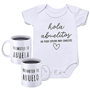 Tioncy Hola Abuelitos Spanish Pregnancy Announcement Bodysuit Promoted to Abuela and Abuelo Coffee Mugs,0-6 Months(White)
