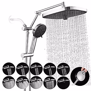 10+9 Functions High Pressure Rain/Rainfall Shower Heads With Handheld Spray Combo(Built-in Power Wash Mode), 10 Inch Double/Dual Shower Head With Handheld - Height/Angle Adjustable(Polished Chrome)