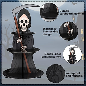 Halloween Cupcake Stand for 24 Cupcakes, Death and Tombstone Halloween Cupcake Decorations, Cardboard Cupcake 3 Tier and 2 Tier Set, Halloween Party Supplies. (Death)