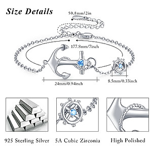 Anchor Bracelets Adjustable for Women, 925 Sterling Silver Heart Charm Bracelet Blue Nautical Sailor Bracelet Friendship Jewelry Confirmation for Mom Women Wife Girlfriend