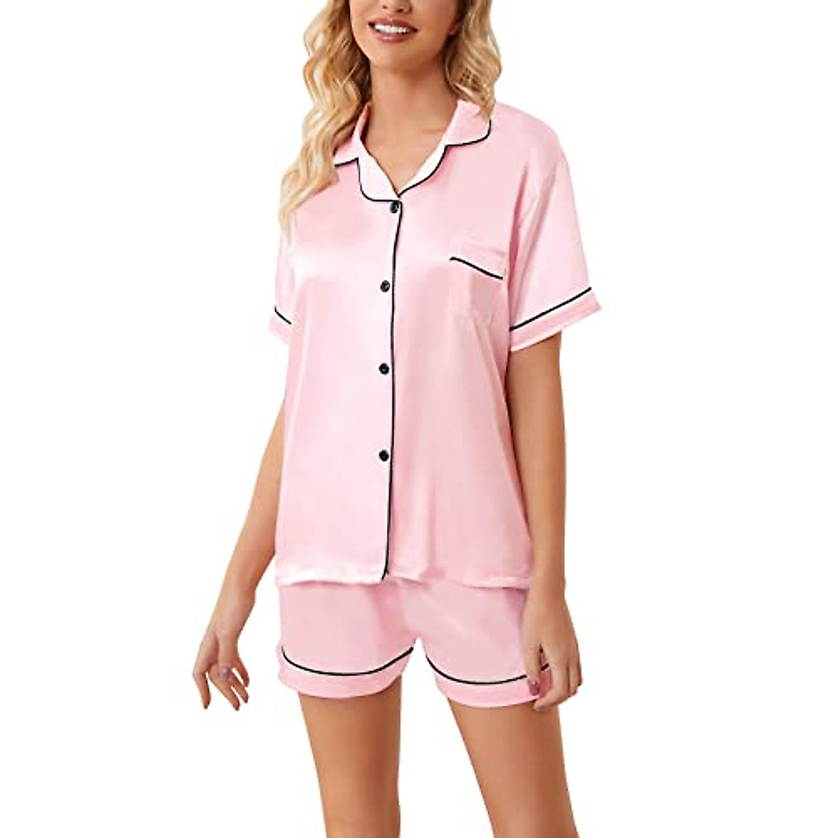 Silk Pajamas for Women, 2 Pcs Comfy Sleepwear Short Sleeve Button Down Sexy Satin Summer Soft Pjs Set, Pink, Medium