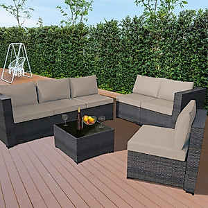Grezone 7 Pieces Outdoor Sectional Furniture High Backrest Patio Sofa, All-Weather PE Rattan Patio Conversation Set with Coffee Table & Cushions and Black-Glass Table (Cream)