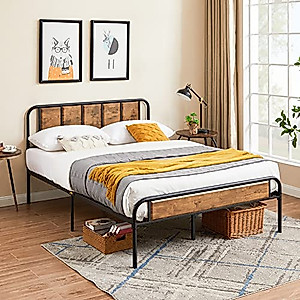 VECELO Full Size Platform Bed Frame with Wood Headboard/Mattress Foundation/Premium Steel Slats Support/No Box Spring Needed,Brown(Industrial)