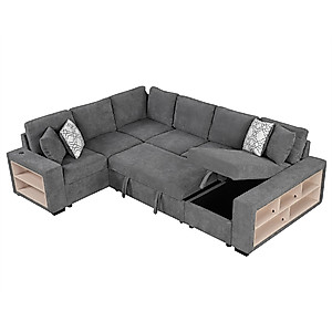 Merax 109" Large Sectional Sleeper Sofa with Pull Out Bed, Storage Chaise/Shelf & USB Ports, Dark Gray Oversized 5 Seat U-Shaped Couch Set, Convertible Sofabed for Living Room and Apartment, Grey