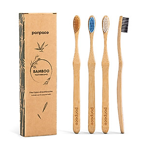 ponpace Biodegradable Bamboo Toothbrushes 4 Pack, BPA Free Soft & Medium Bristles Toothbrushes for Adults, Eco Friendly Wooden Toothbrush