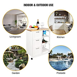 AKVOMBI Rolling Kitchen Island Cart with Wood Countertop, White Kitchen Trolley Carts on Wheels with 3 Drawers, Towel Rack, Adjustable Shelves