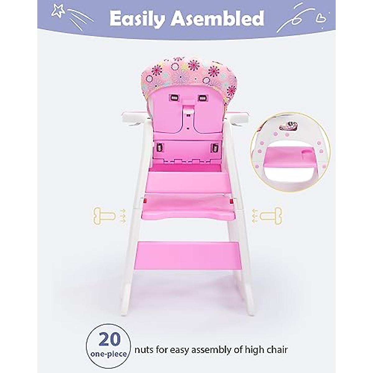 SANDINRAYLI Baby High Chair, Pink 3 in 1 Highchairs, Convertible Plastic Toddler Eating Chair with Tray, Portable Feeding Chair with 5-Point Harness
