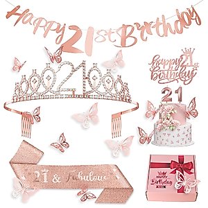 21st Birthday Decorations for Her Girls Sweet Birthday Gifts Rose Gold 21st Birthday Sash, Tiara, Cake Topper, Number 21st Candles, Happy 21st Birthday Banner, 3D Butterfly 12pcs, Birthday Supplies