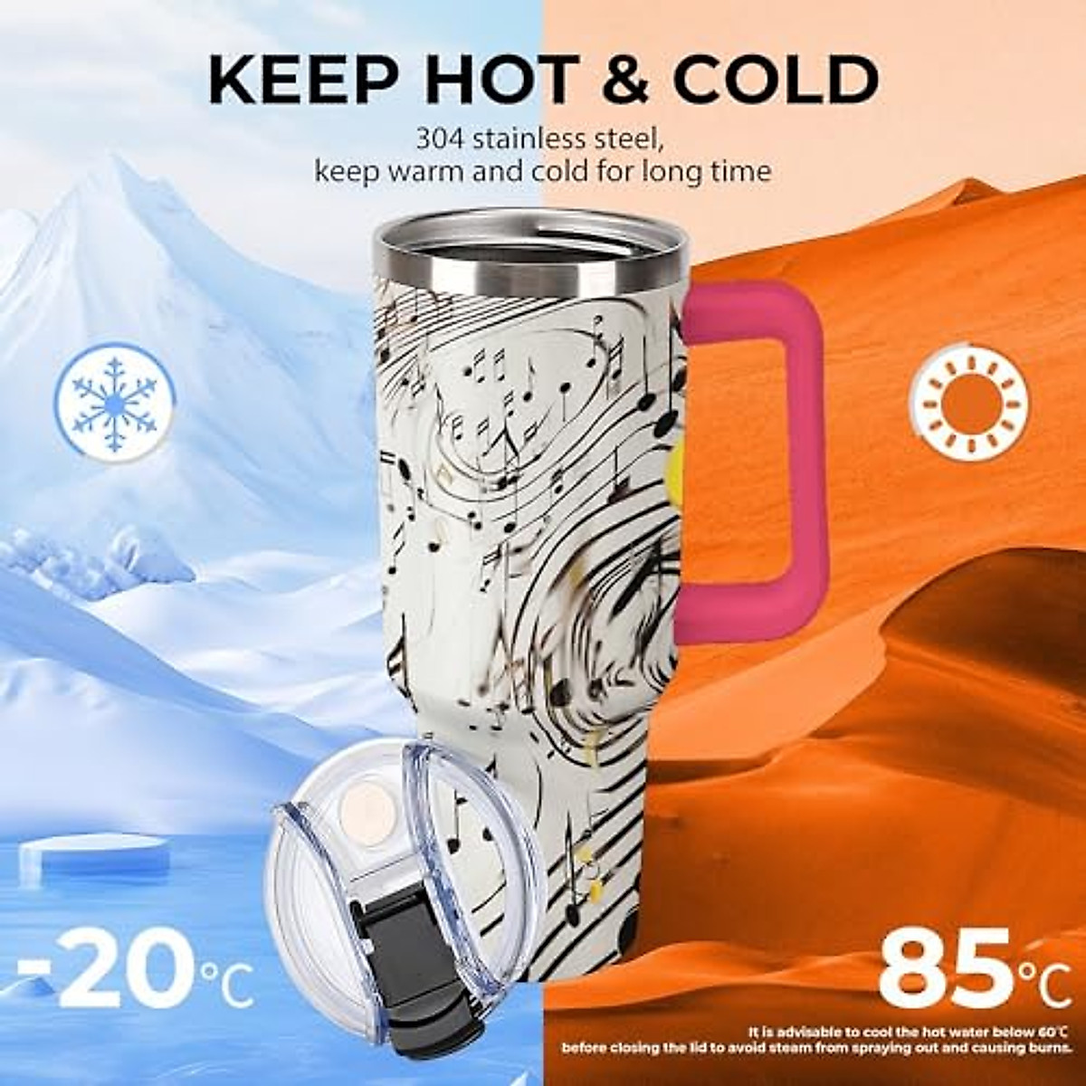 LLUTSNTH 40 Oz Vacuum Tumbler with Light Rose Red Handle Leakproof Insulated Tumbler Music Notes Print Stainless Steel Travel Mug with Lid And Straw Coffee Cup Cute Water Bottles Cup Holder Friendly