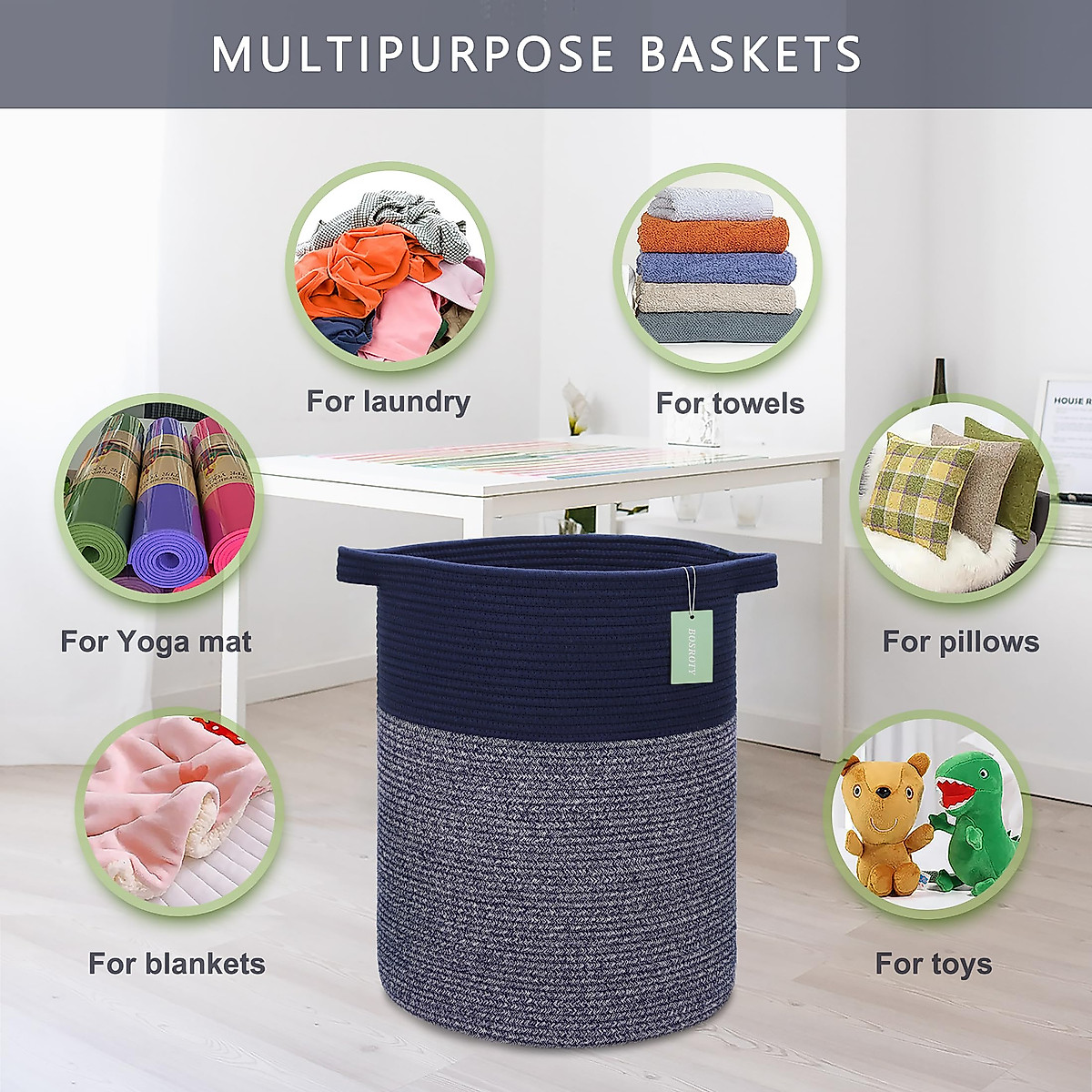 BOSROTY Large Laundry Hamper Basket for Clothes 72L, Nursery Hamper, Blanket Basket, Clothes Basket Laundry, Tall Laundry Basket for Blanket Towels, Woven Basket, Toy Basket, 16”x 22”, Navy Blue
