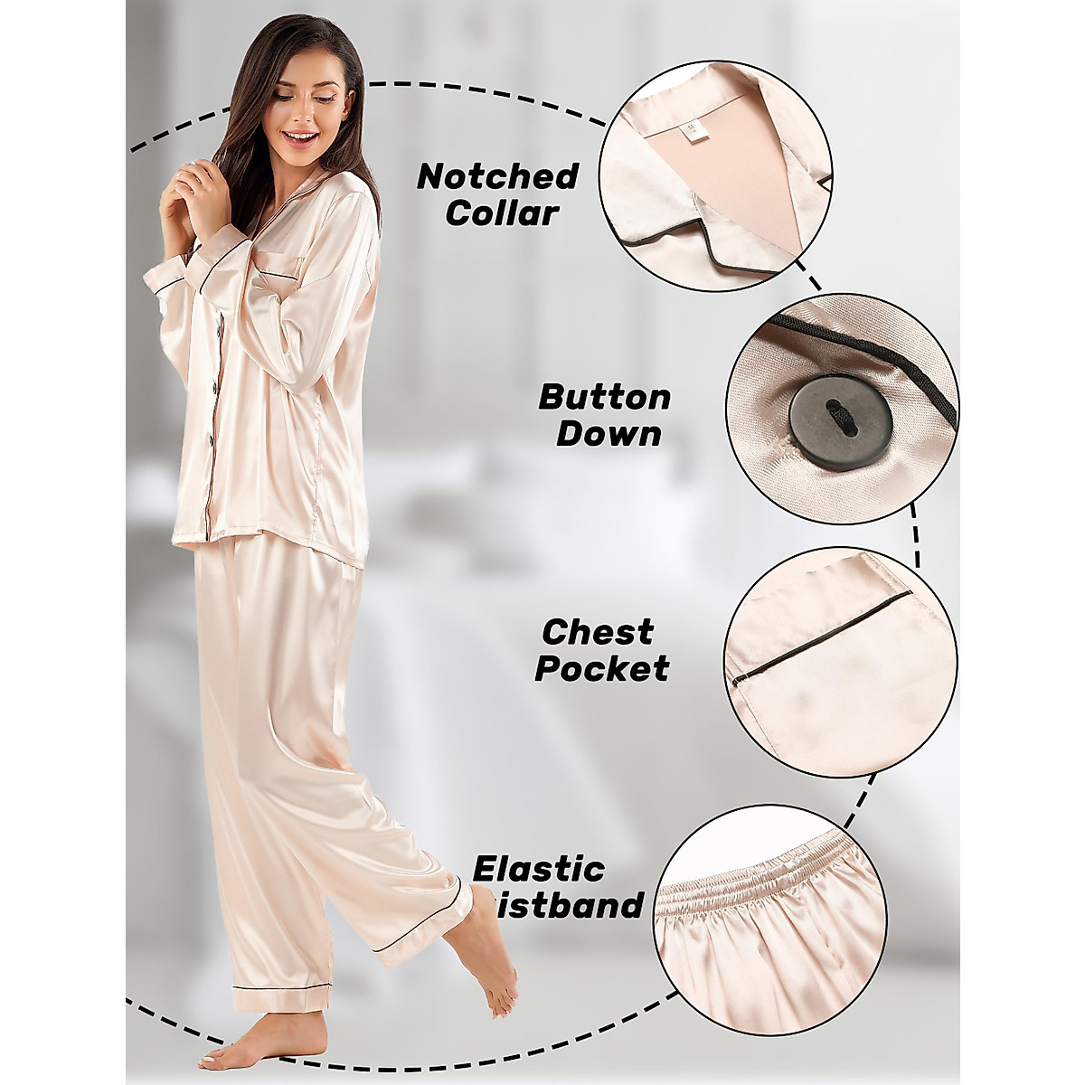 GAESHOW Silk Pajamas for Women Long Sleeve Button Down Sleepwear 2 Piece Loungewear Pjs Set Champagne
