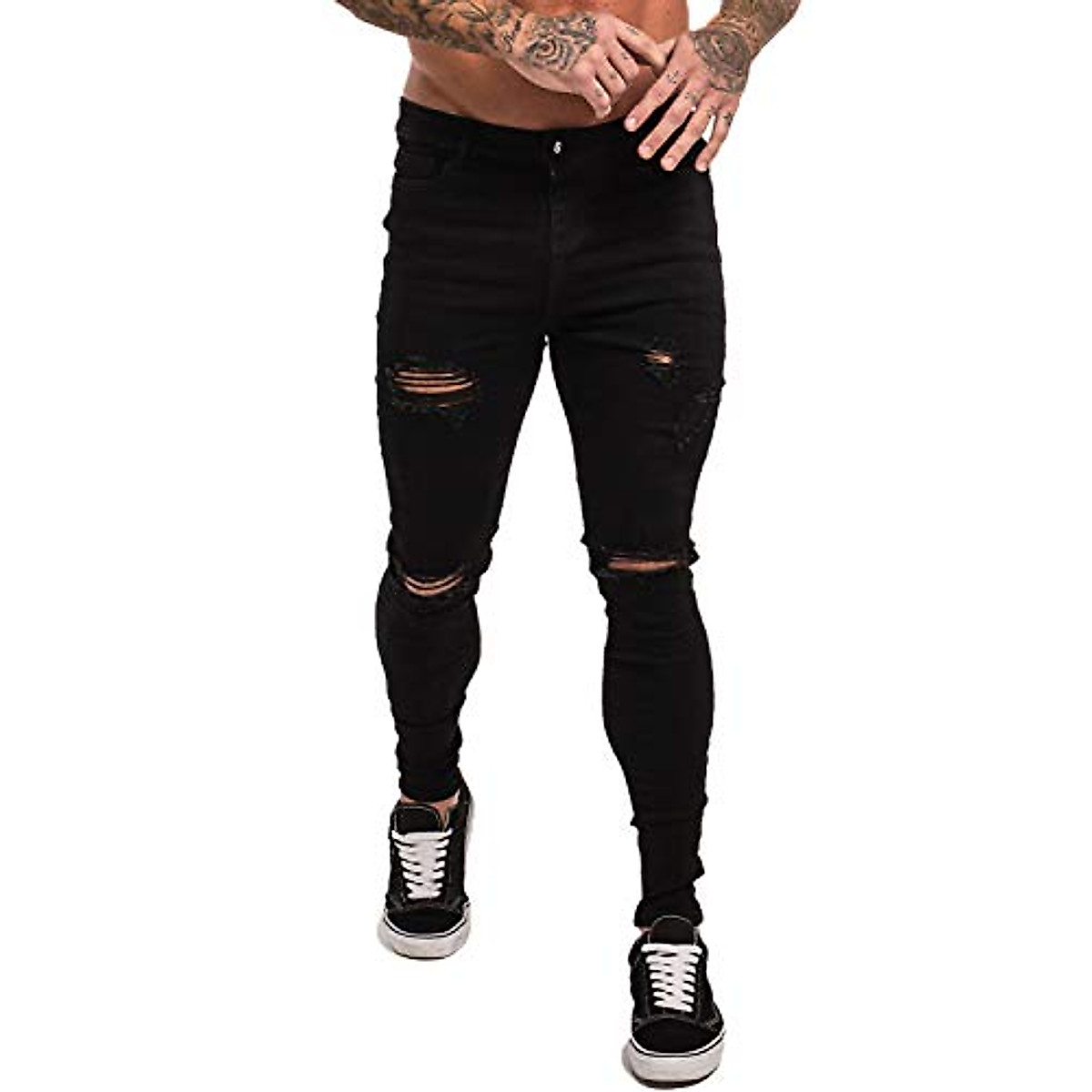 GINGTTO Skinny Fit Stretch Jeans for Men Destroyed Ripped Denim Jeans Black 30