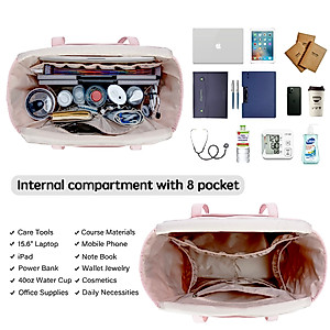 Utility Teacher Tote Bag for Women Work Bags Quilted Large Nurse Tote Bag with Pockets for 15.6" Laptop for Teacher Supplies (Pink)