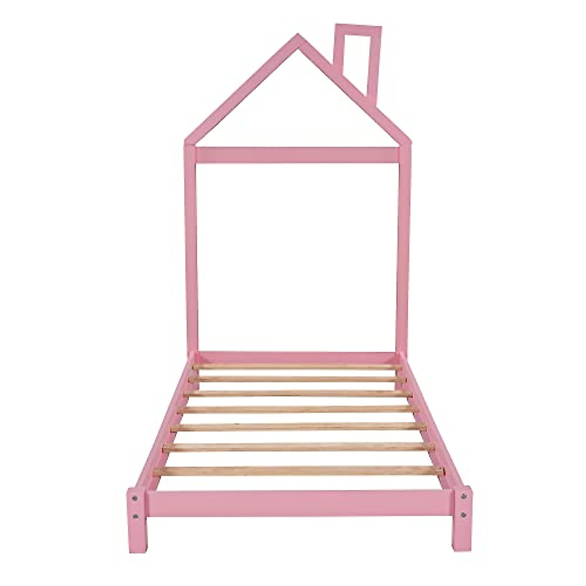 FIQHOME Twin Size Wood Platform Bed with House-Shaped Headboard,Toddler Floor Bed with Solid Wood Slats,Twin Platform Bed Frame for Girls Boys,No Box Spring Needed(Pink)