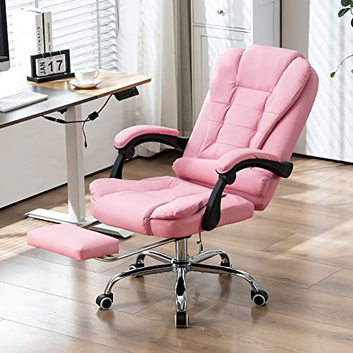 Belandi Massage Office Chair, Ergonomic Executive Computer Chair w/Foot Rest, PU Leather Executive Office Chair w/Heated, Padded Armrest, High Back Swivel Recliner for Office Home Study (Pink)