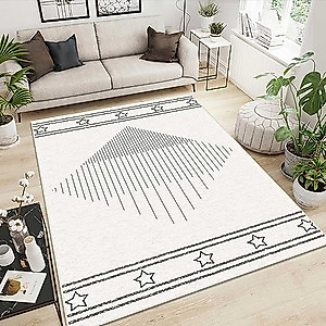 Geometric Striped Living Room Farmhouse Rug - 4'x6' Modern Diamond Stripes and Star Washable Carpet - Minimalistic Non Shedding Easy-Cleaning Floor Carpet for Bedroom