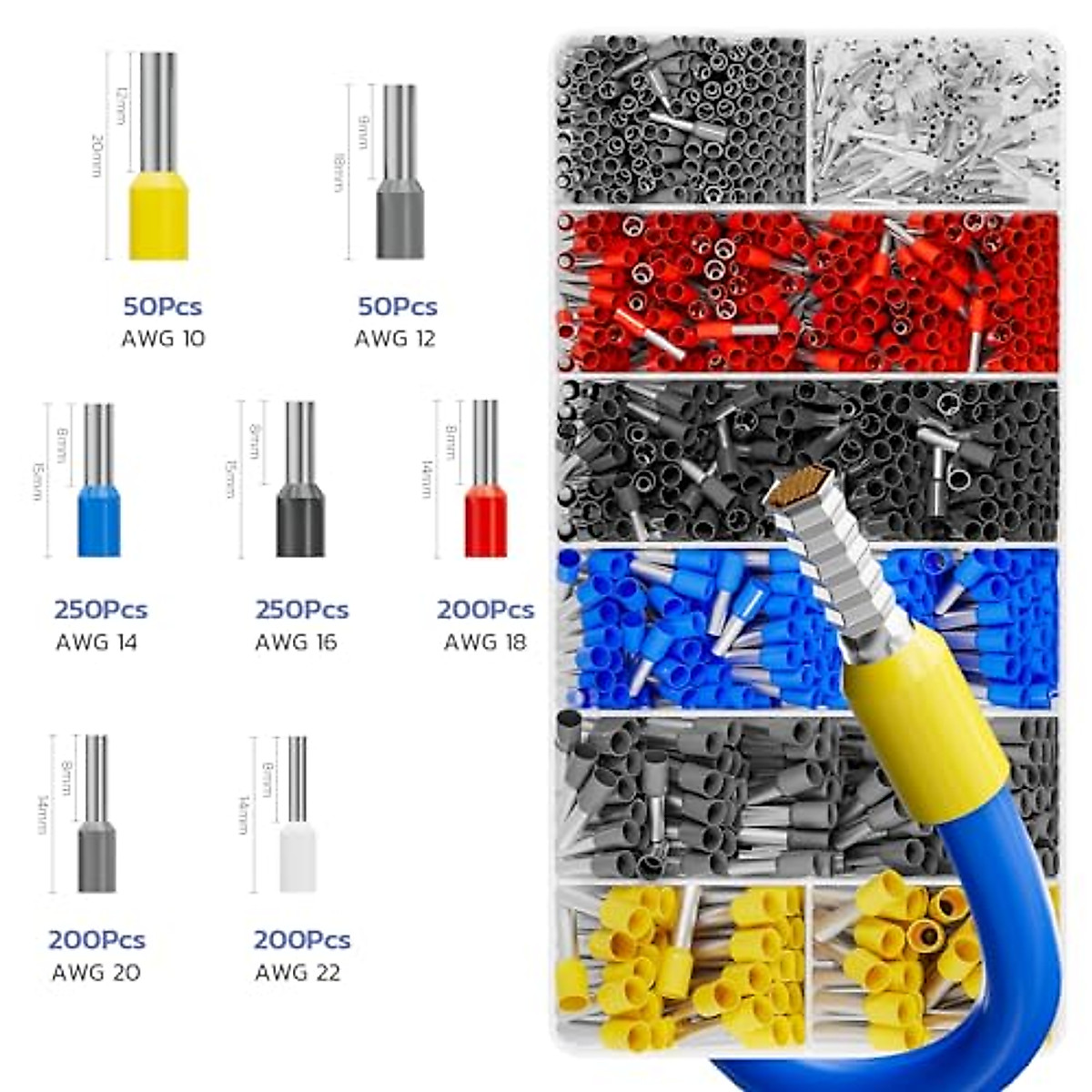 Haisstronica Ferrule Crimping Tool Kit,Self-Adjusting Hexagonal Wire Crimper Plier for AWG23-10 with 1200PCS Red Copper Wire End Terminals,Ratchet Wire Crimping Tool-Ferrule Crimper Kit