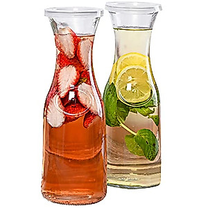 Estilo Glass Carafe With Lid - Wine Carafe with Lid, Juice Serving Carafe, Glass Water Or Wine Carafe- 1 Liter (2) W/Lids, Tall Narrow Neck Design, 33oz, Set of 2, Clear